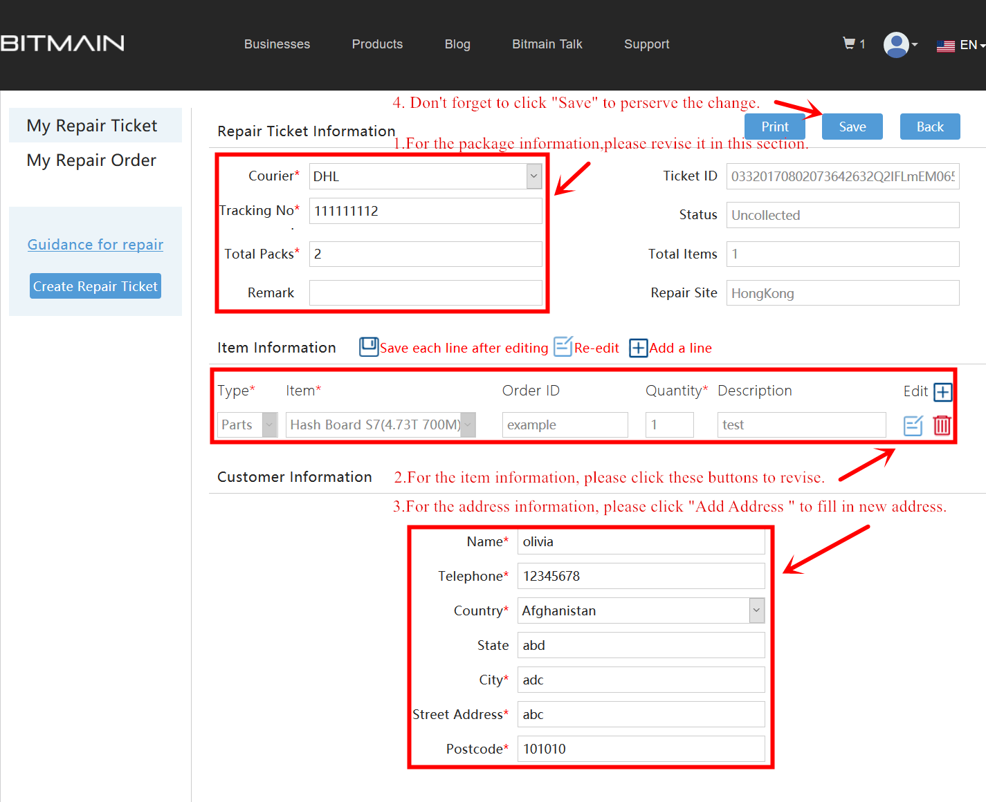 How to create/revise a repair ticket – Bitmain